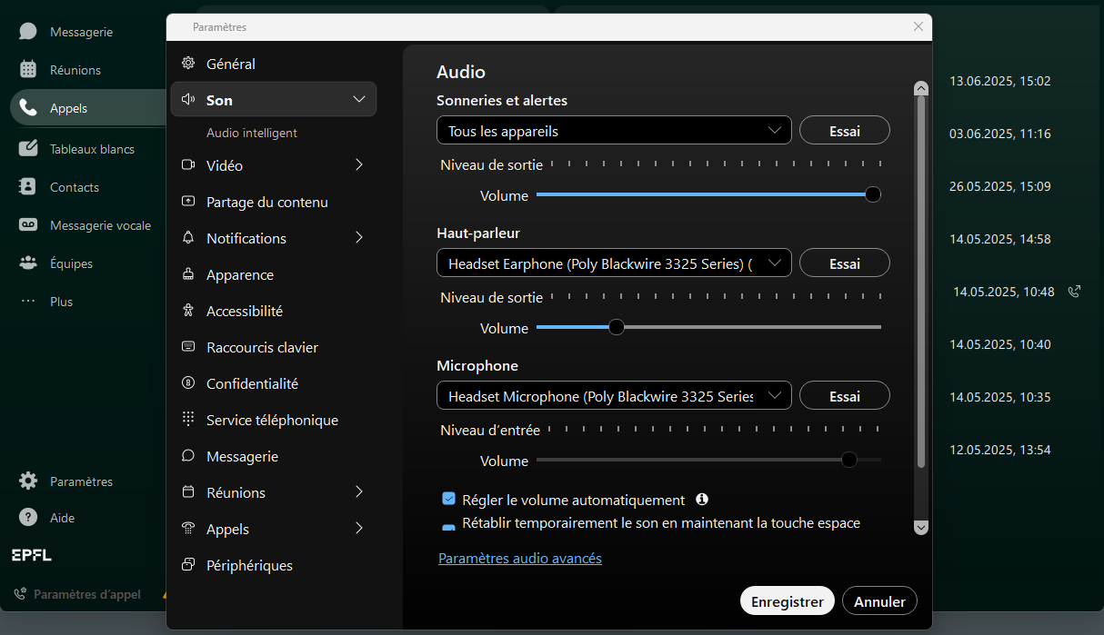 Réglage des paramètres audio sur Webex ‒ Services et ressources ‐ EPFL